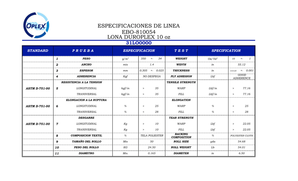 EBO-810054 LONA DUROPLEX 10 oz ESPECIFICACIONES DE