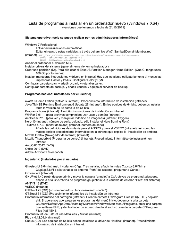 Lista de programas a instalar en un ordenador nuevo