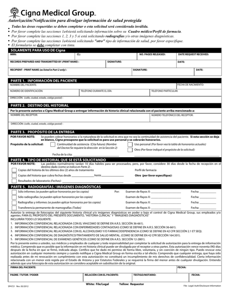 CMG Spanish Authorization/Notification to Release PHI