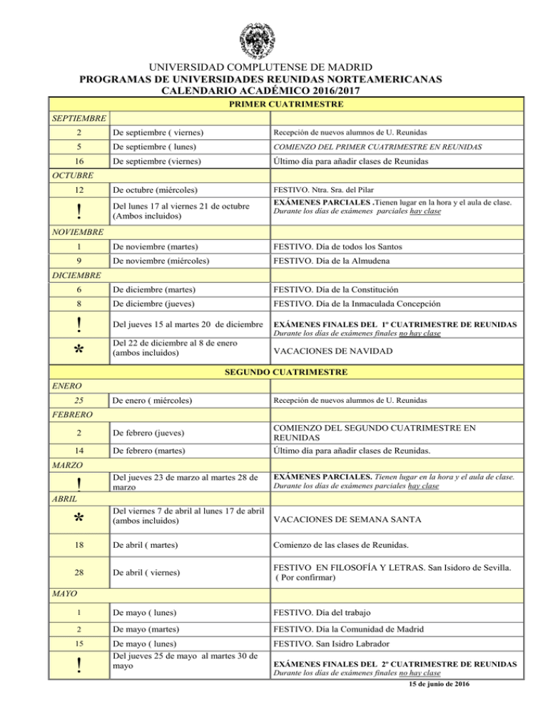 Calendario académico 2016-2017 - Universidad Complutense de