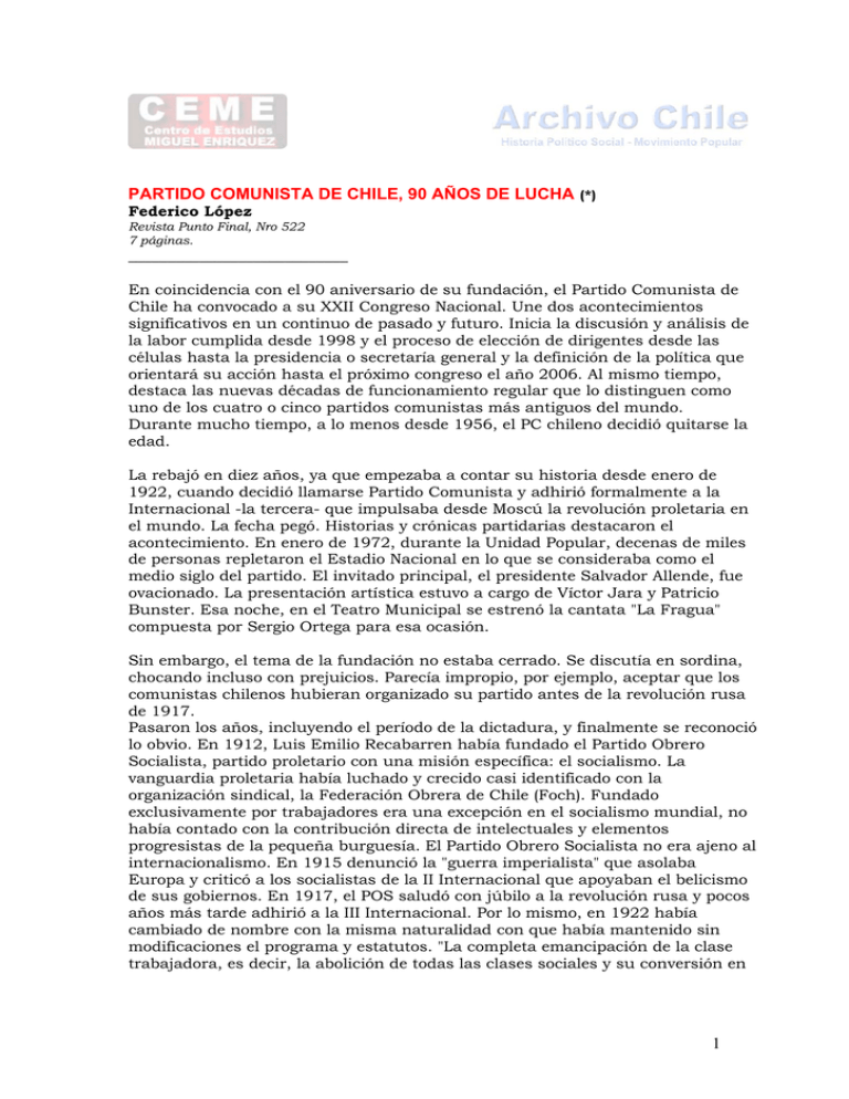Partido Comunista de Chile, 90 años de lucha