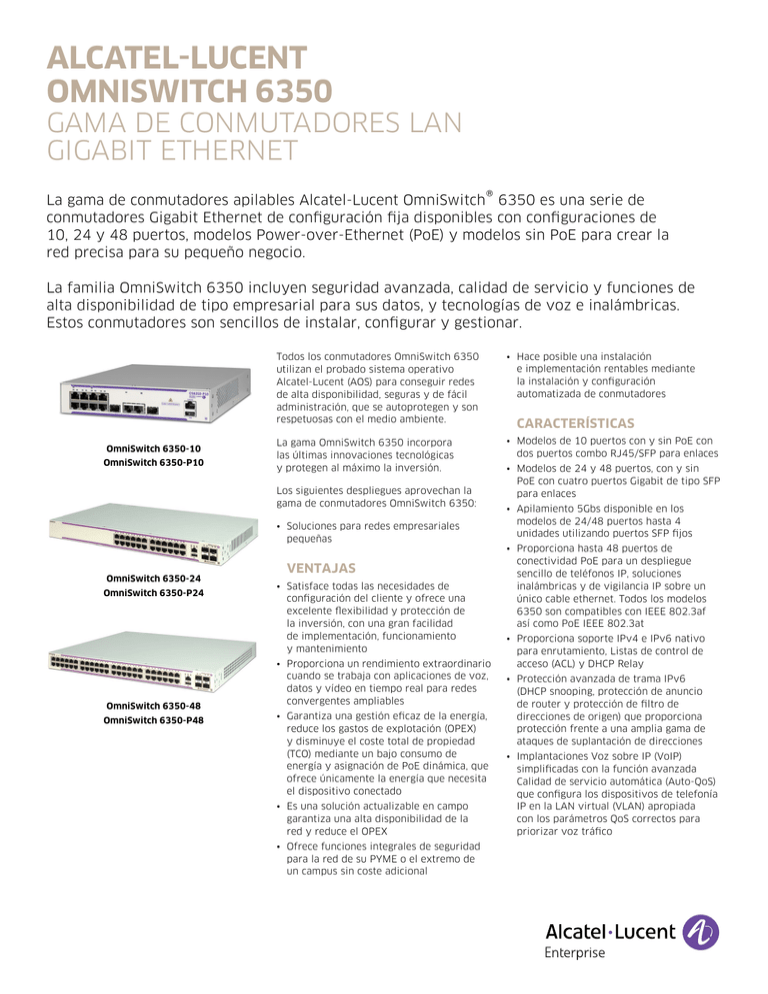 Gama de conmutadores LAN Gigabit Ethernet OmniSwitch 6350