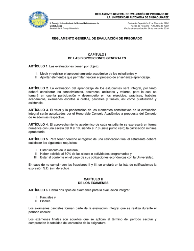 REGLAMENTO GENERAL DE EVALUACIÓN DE