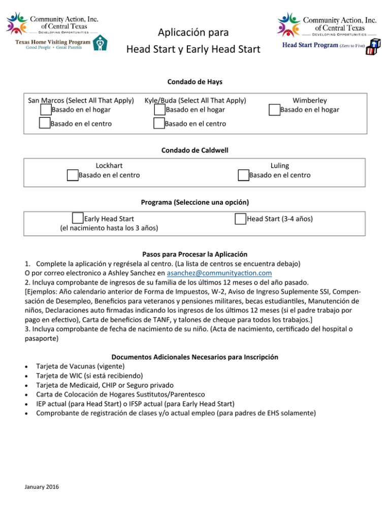 Aplicación para Head Start y Early Head Start