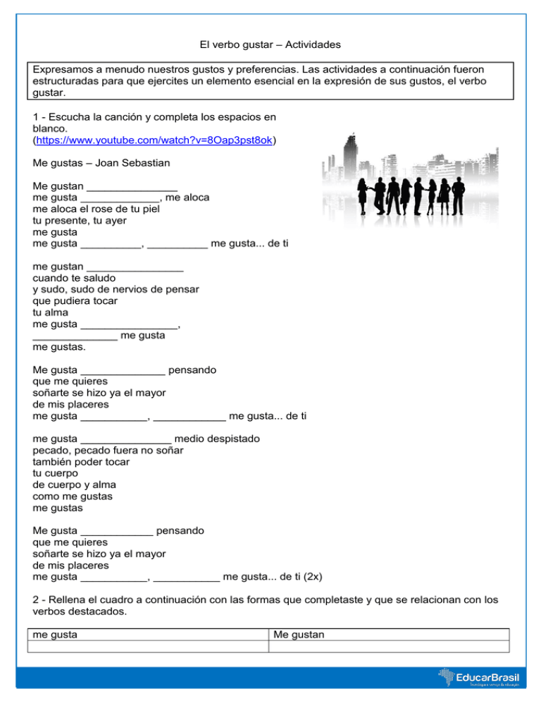 El verbo gustar – Actividades Expresamos a menudo nuestros