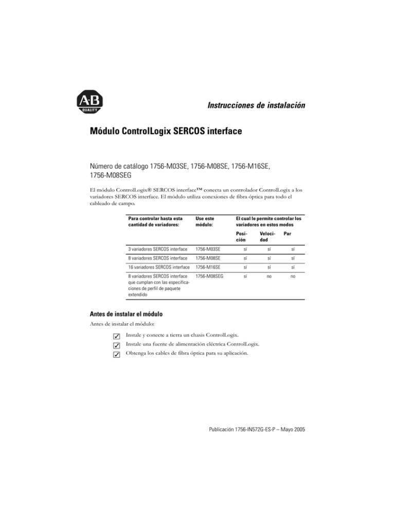 1756-IN572G-ES-P, Módulo ControlLogix SERCOS interface