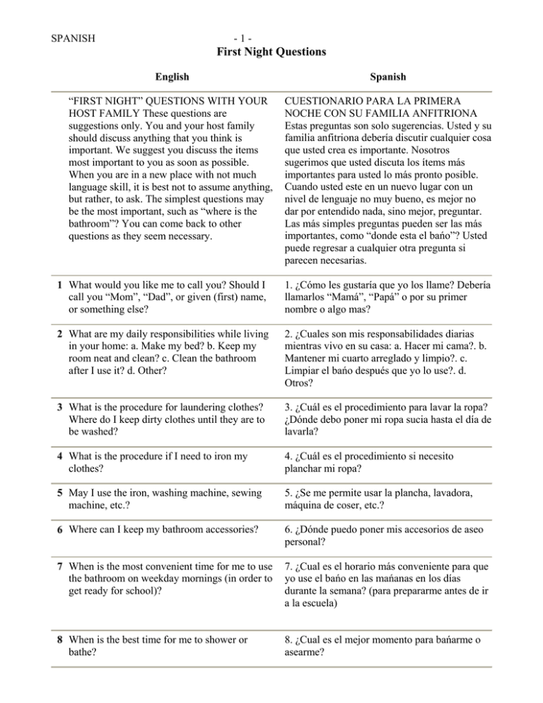 First Night Questions