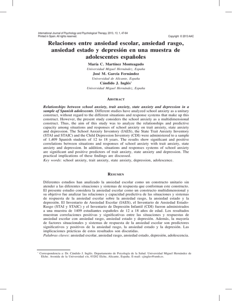 Relaciones entre ansiedad escolar, ansiedad rasgo, ansiedad