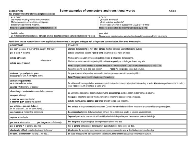 Some Examples Of Connectors And Transitional Words
