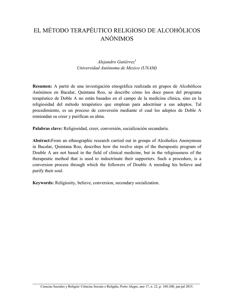 el método terapéutico religioso de alcohólicos anónimos