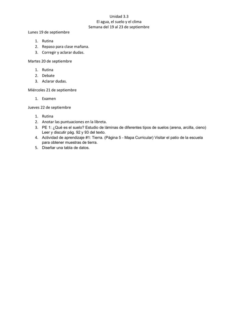 Unidad 3.3 El agua, el suelo y el clima Semana del 19 al 23 de