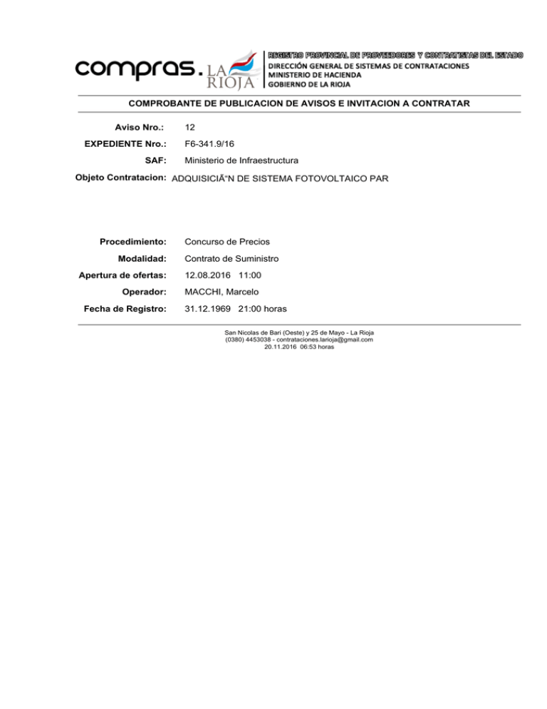 COMPROBANTE DE PUBLICACION DE AVISOS E INVITACION A