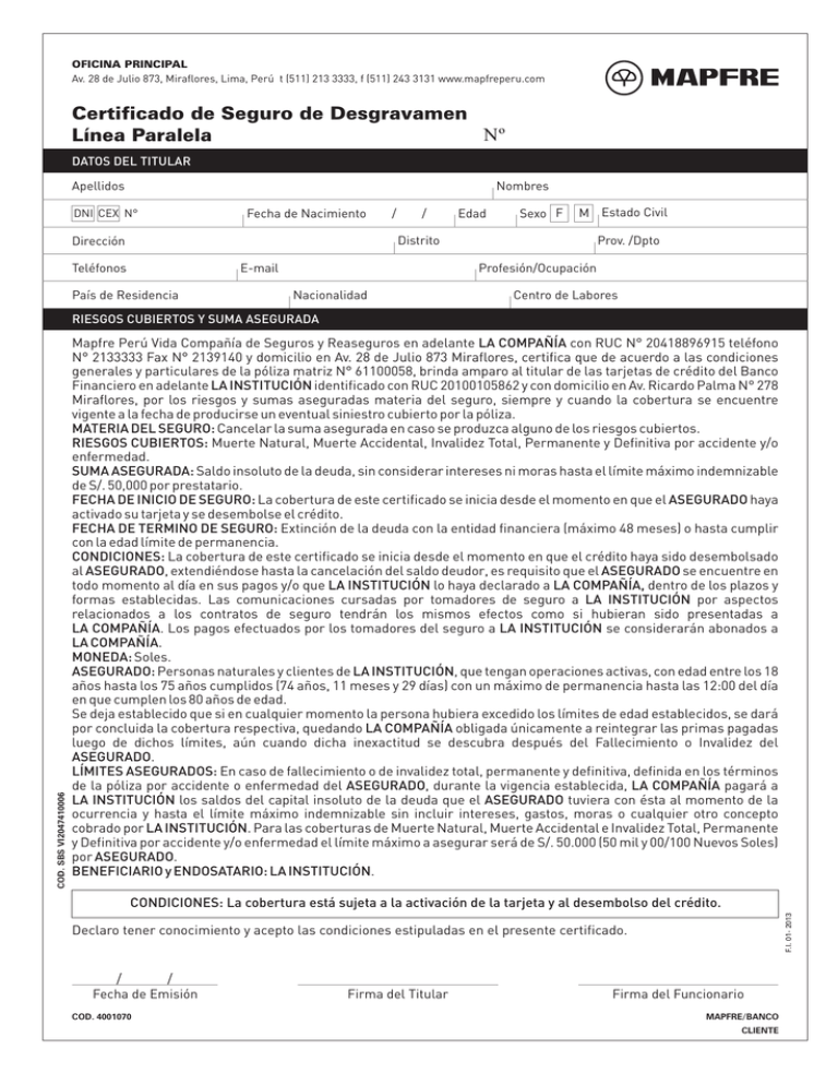 certificado del seguro de desgravamen de linea paralela