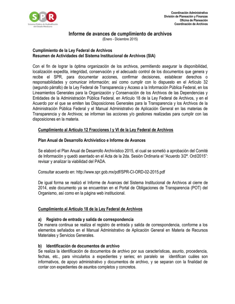 Informe de avances de cumplimiento de archivos