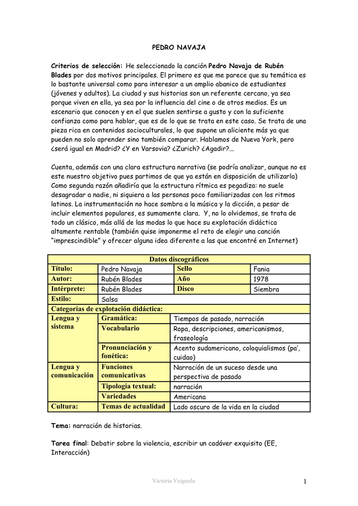 pedro navaja, canción de rubén blades: explotación didáctica