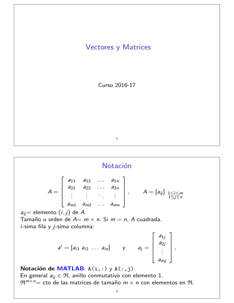 Vectores y Matrices Notación