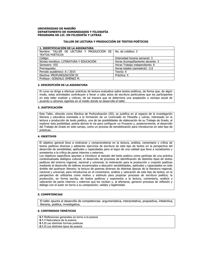 taller de lectura y producción de textos poéticos taller de lectura y producción de textos poéticos