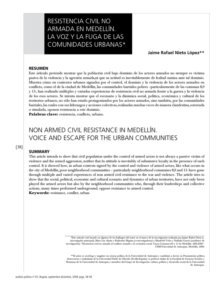 RESISTENCIA CIVIL NO ARMADA EN MEDELLÍN. LA VOZ Y LA