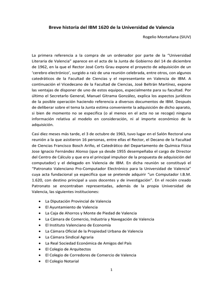 Breve historia del IBM 1620 de la Universidad de Valencia