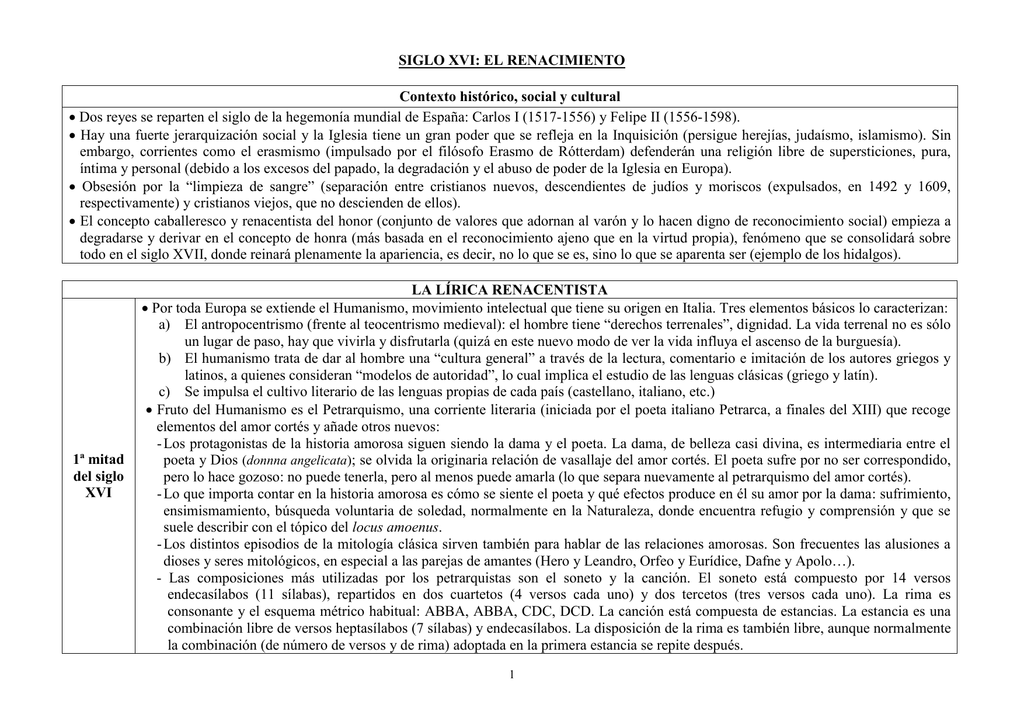 SIGLO XVI: EL RENACIMIENTO Contexto histórico, social y cultural