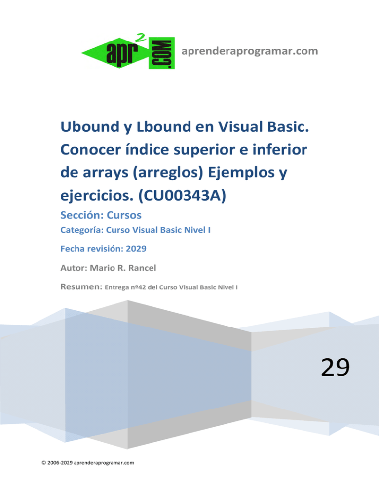 CU00343A Visual Basic funcion Ubound Lbound indice superior