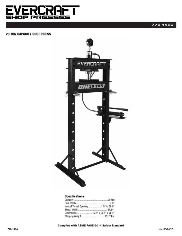 20 ton capacity shop press