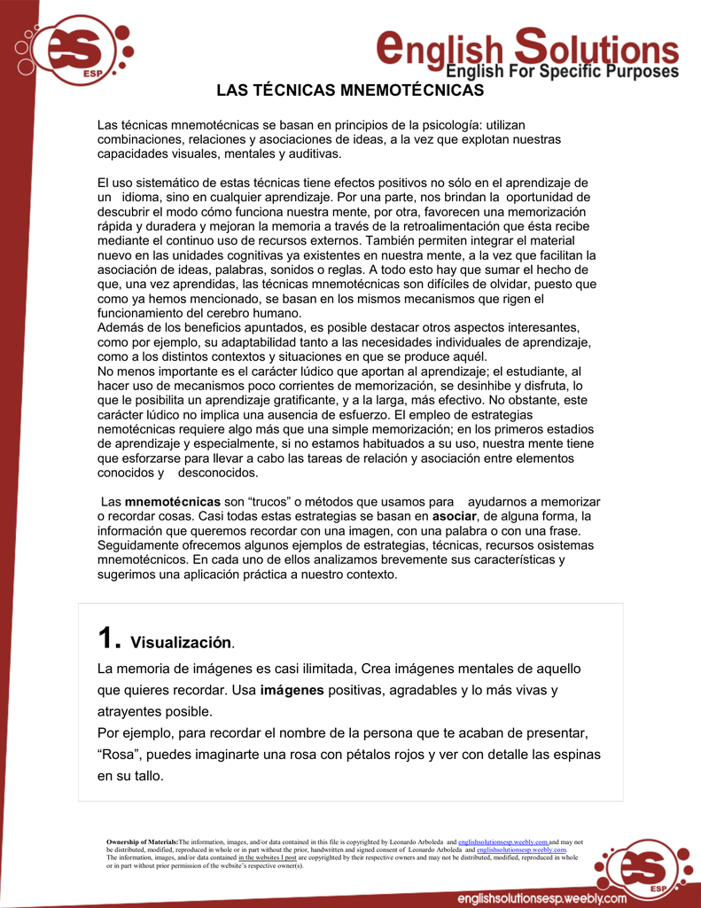 LAS TÉCNICAS MNEMOTÉCNICAS 1. Visualización.