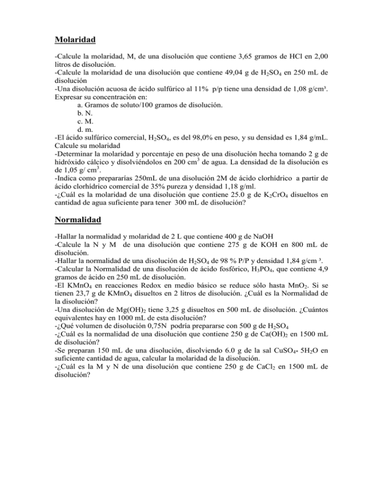 Molaridad Normalidad Molaridad Normalidad