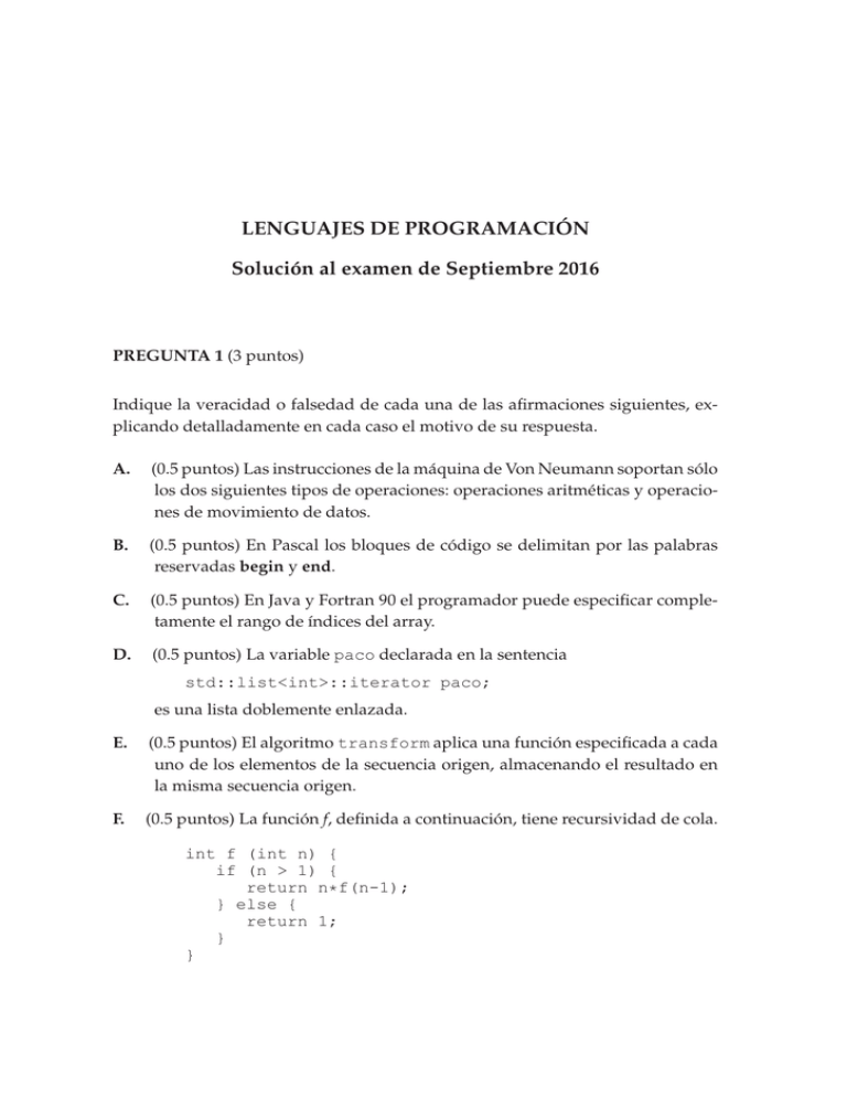 LENGUAJES DE PROGRAMACIÓN Solución al examen de