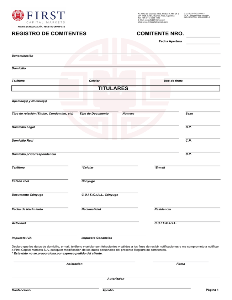 Registro de Comitente - FIRST Capital Markets SA