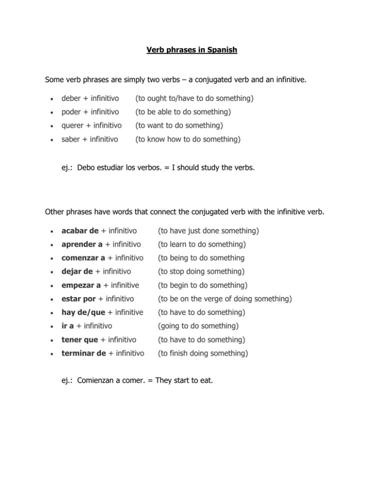 Verb phrases in Spanish Some verb phrases are simply two verbs