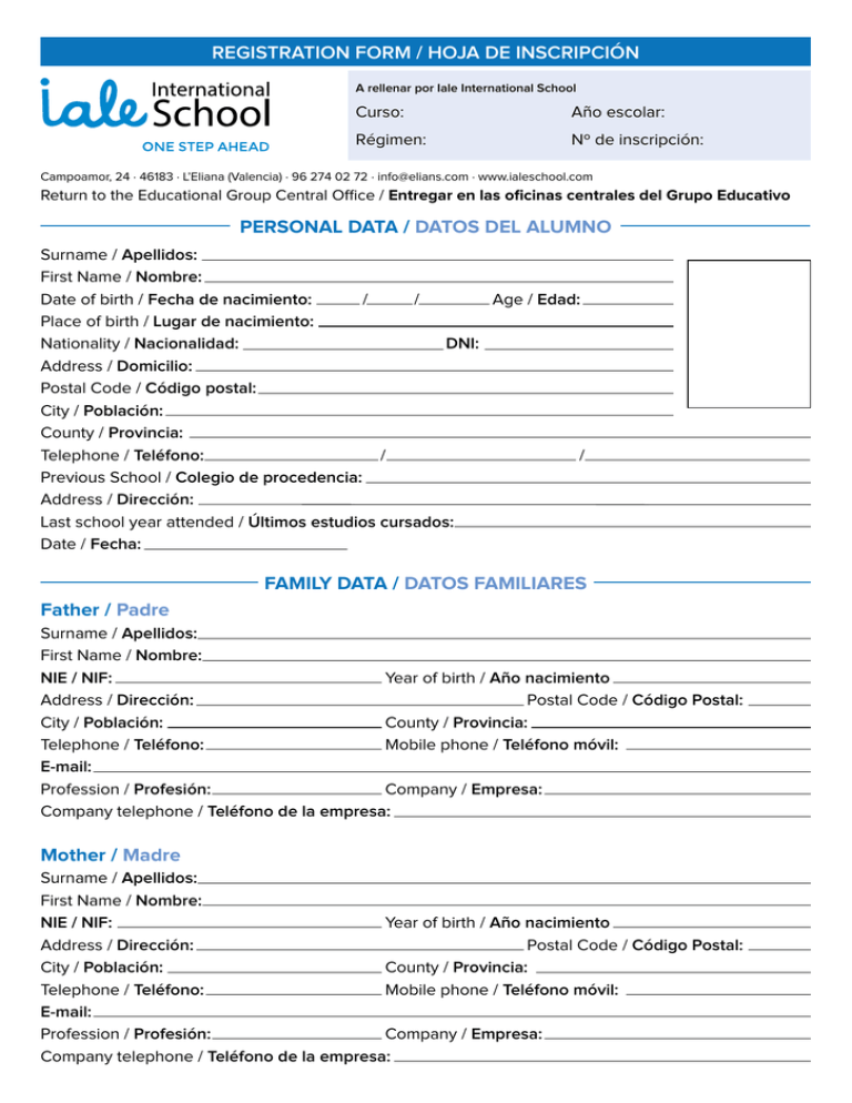 REGISTRATION FORM / HOJA DE INSCRIPCIÓN Father / Padre