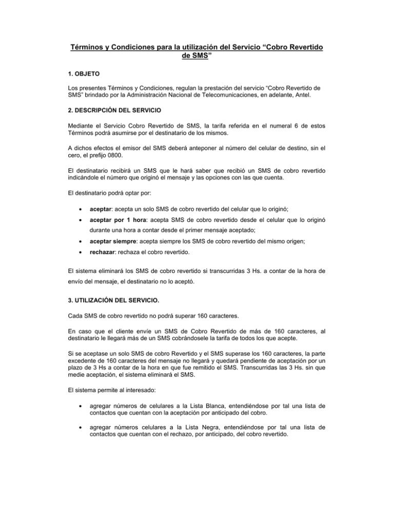 Términos y Condiciones de utilización del Servicio Cobro Revertido