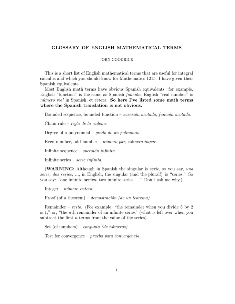 Glosario de términos matemáticos en inglés.