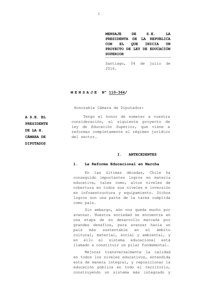 1 MENSAJE DE S.E. LA PRESIDENTA DE LA REPUBLICA CON EL 1 MENSAJE DE S.E. LA PRESIDENTA DE LA REPUBLICA CON EL