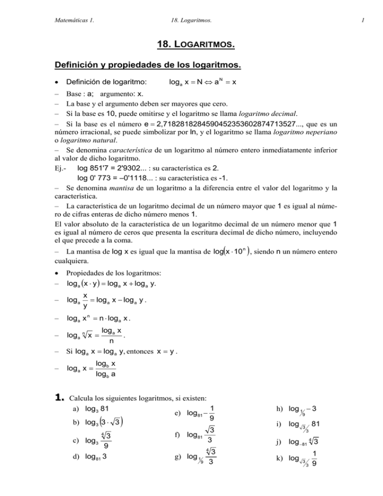 Definición y propiedades de los logaritmos.