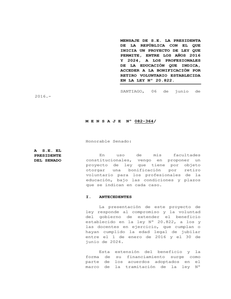 MENSAJE DE S.E. LA PRESIDENTA DE LA REPÚBLICA CON EL MENSAJE DE S.E. LA PRESIDENTA DE LA REPÚBLICA CON EL