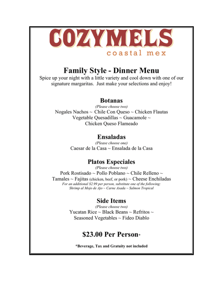 Family Style - Dinner Menu