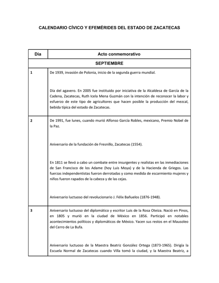 CALENDARIO CÍVICO Y EFEMÉRIDES DEL ESTADO DE