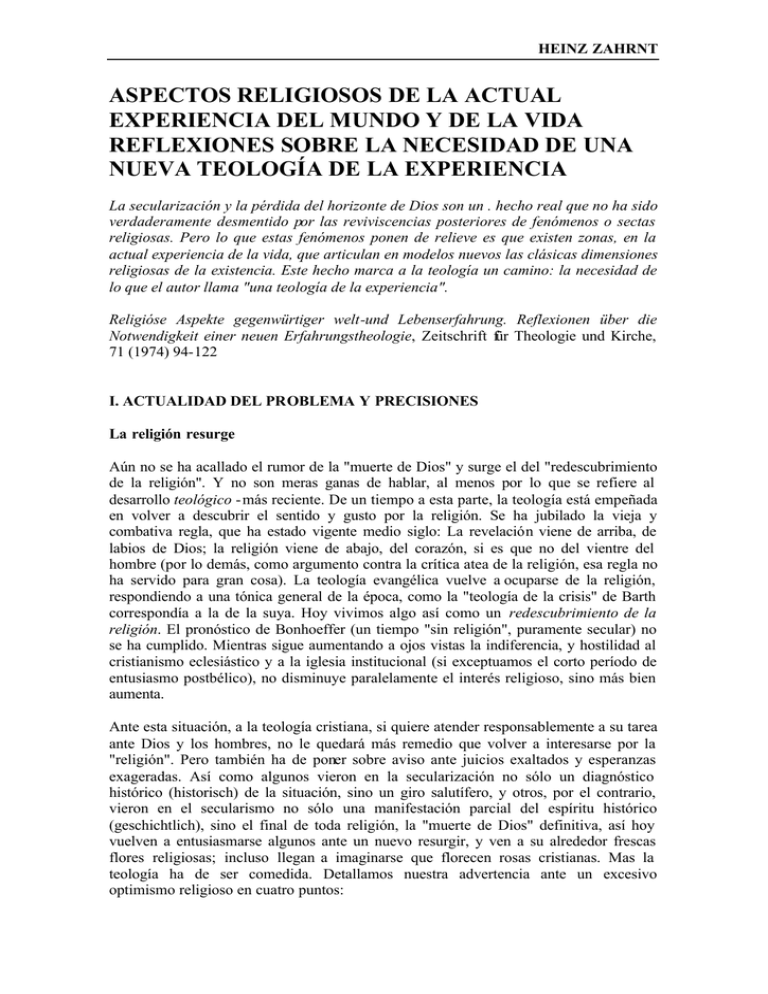 aspectos religiosos de la actual experiencia del