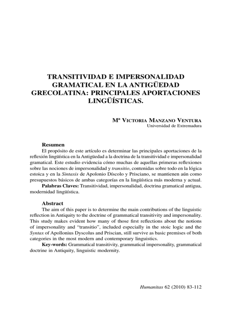 TRANSITIVIDAD E ImPERSONALIDAD GRAmATICAL EN LA