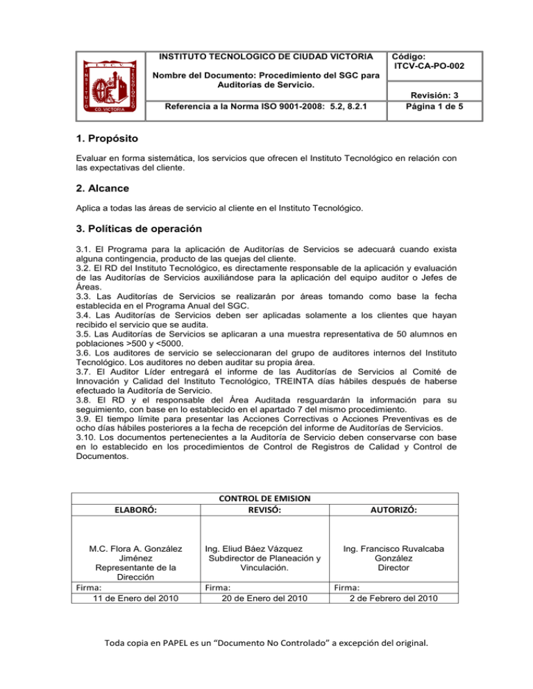 ITCV-CA-PO-002 Audit Serv - Instituto Tecnológico de Cd. Victoria