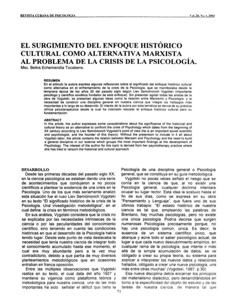 el surgimiento del enfoque histórico cultural como