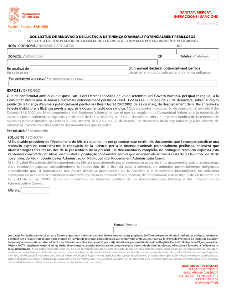 (Modelo SAN-003). - Ajuntament de Mislata