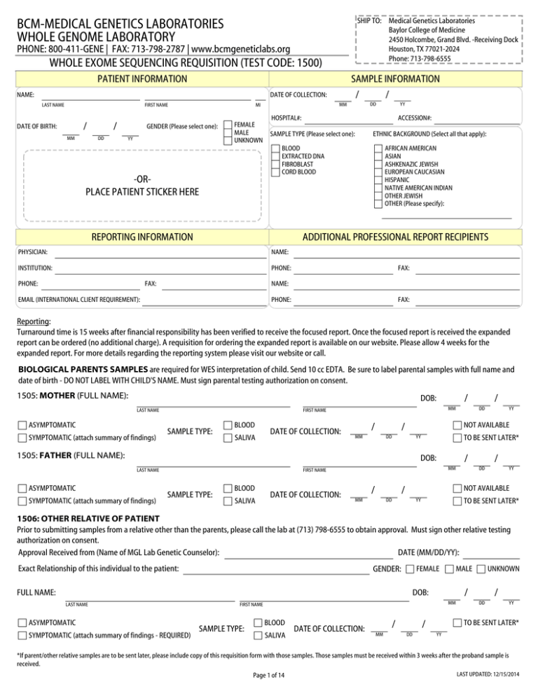 Whole Exome Sequencing Requisition Spanish