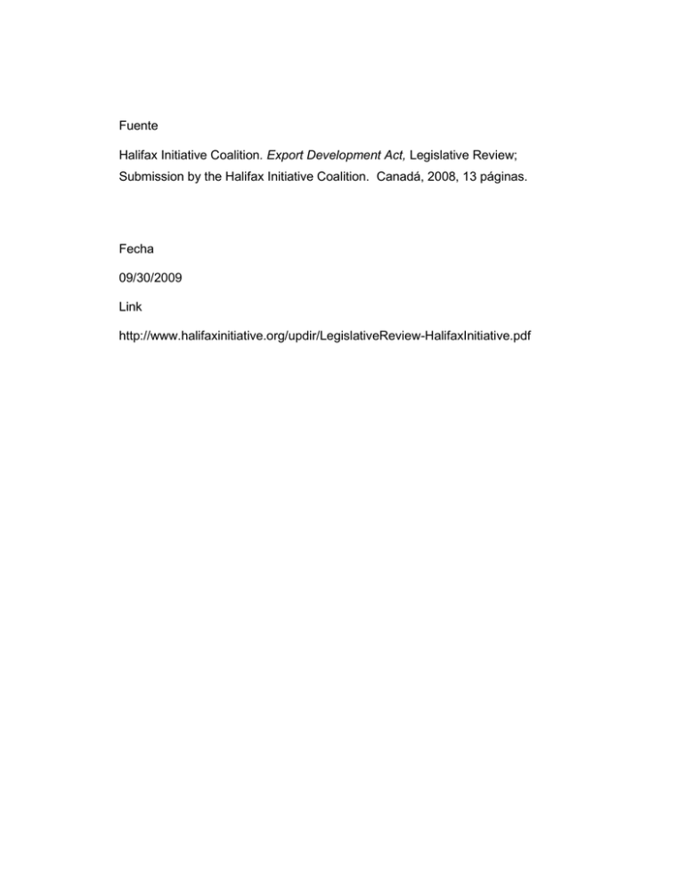 Fuente Halifax Initiative Coalition. Export Development Act
