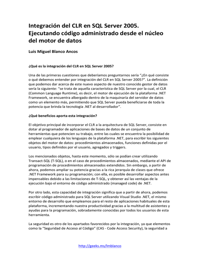 Integración del CLR en SQL Server 2005. Ejecutando código