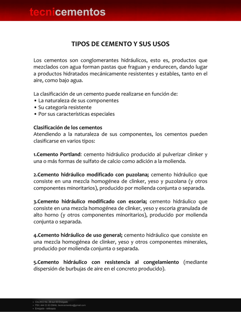 tipos de cemento y sus usos