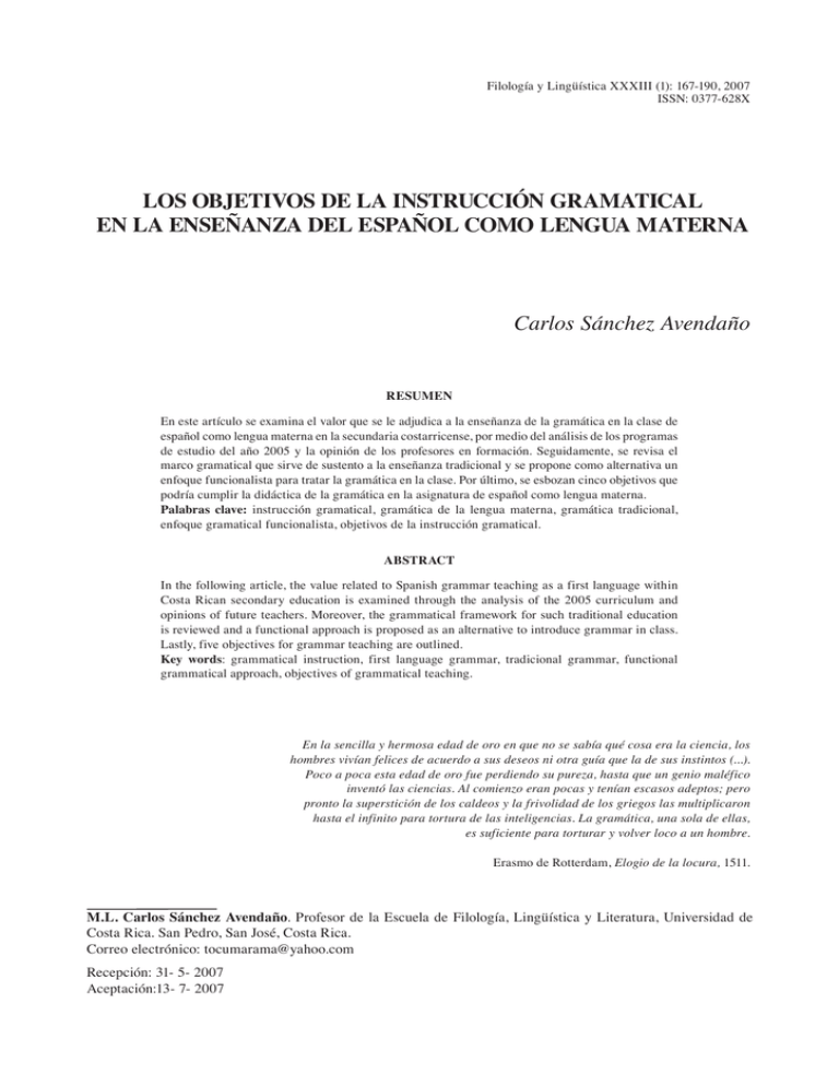 LOS OBJETIVOS DE LA INSTRUCCIÓN GRAMATICAL EN LA