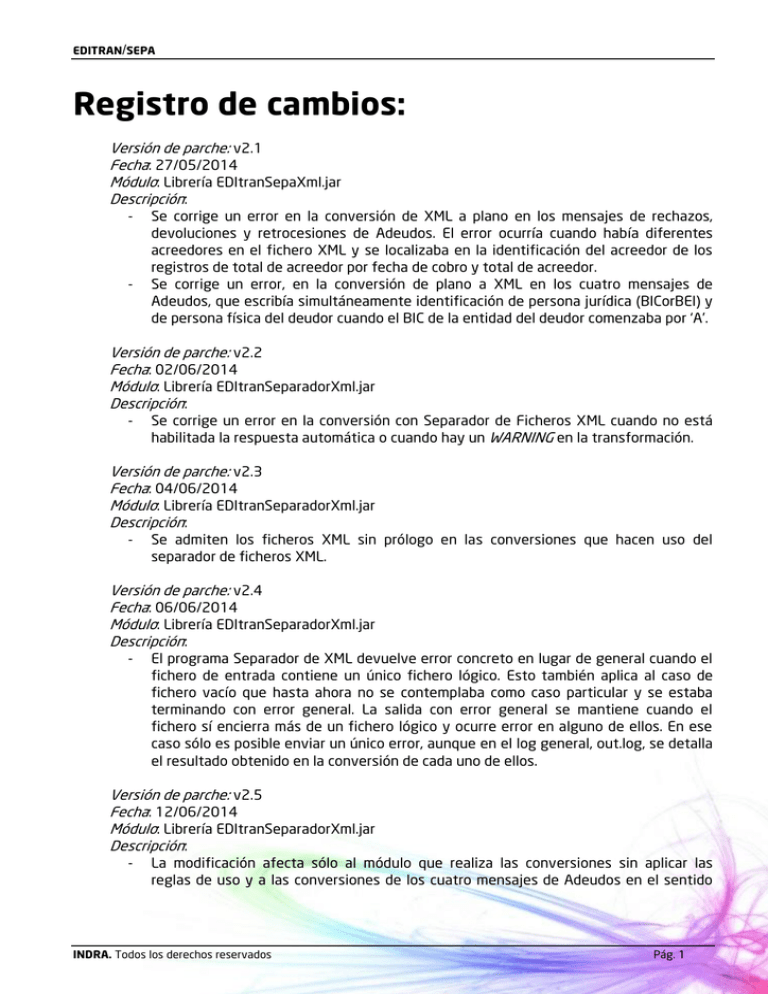 Registro de cambios - editran